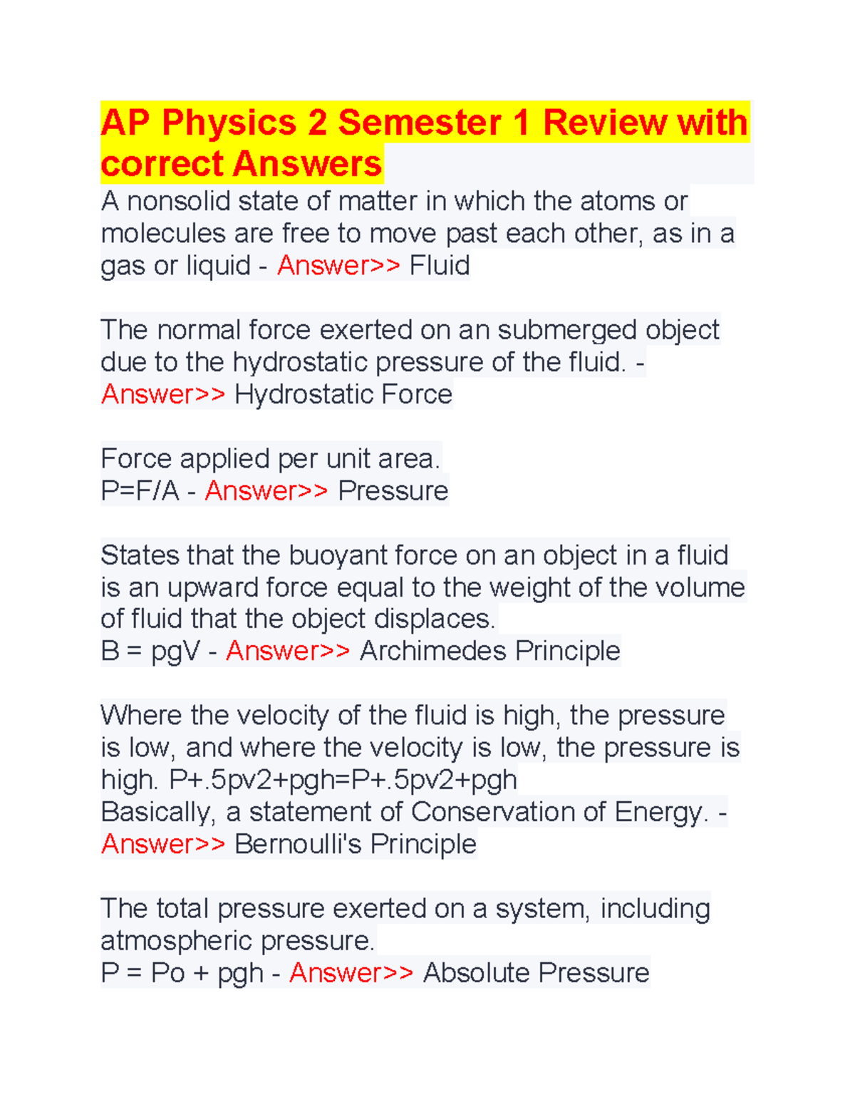 AP Physics 2 Semester 1 Review with correct Answers - Answer ...