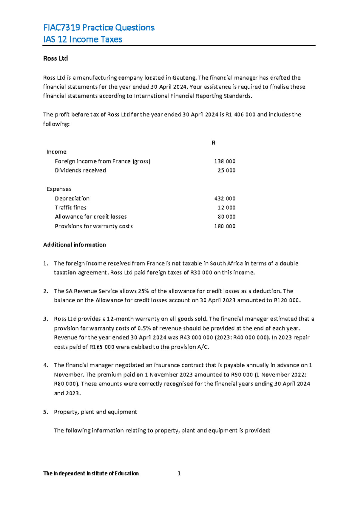 IAS 12 Ross Ltd - Practice Question - FIAC731 9 Practice Questions IAS ...