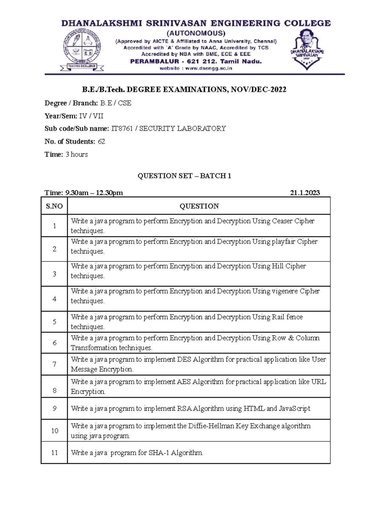 IT8761 Security LAB Question SET - B.E./B. DEGREE EXAMINATIONS, NOV/DEC ...