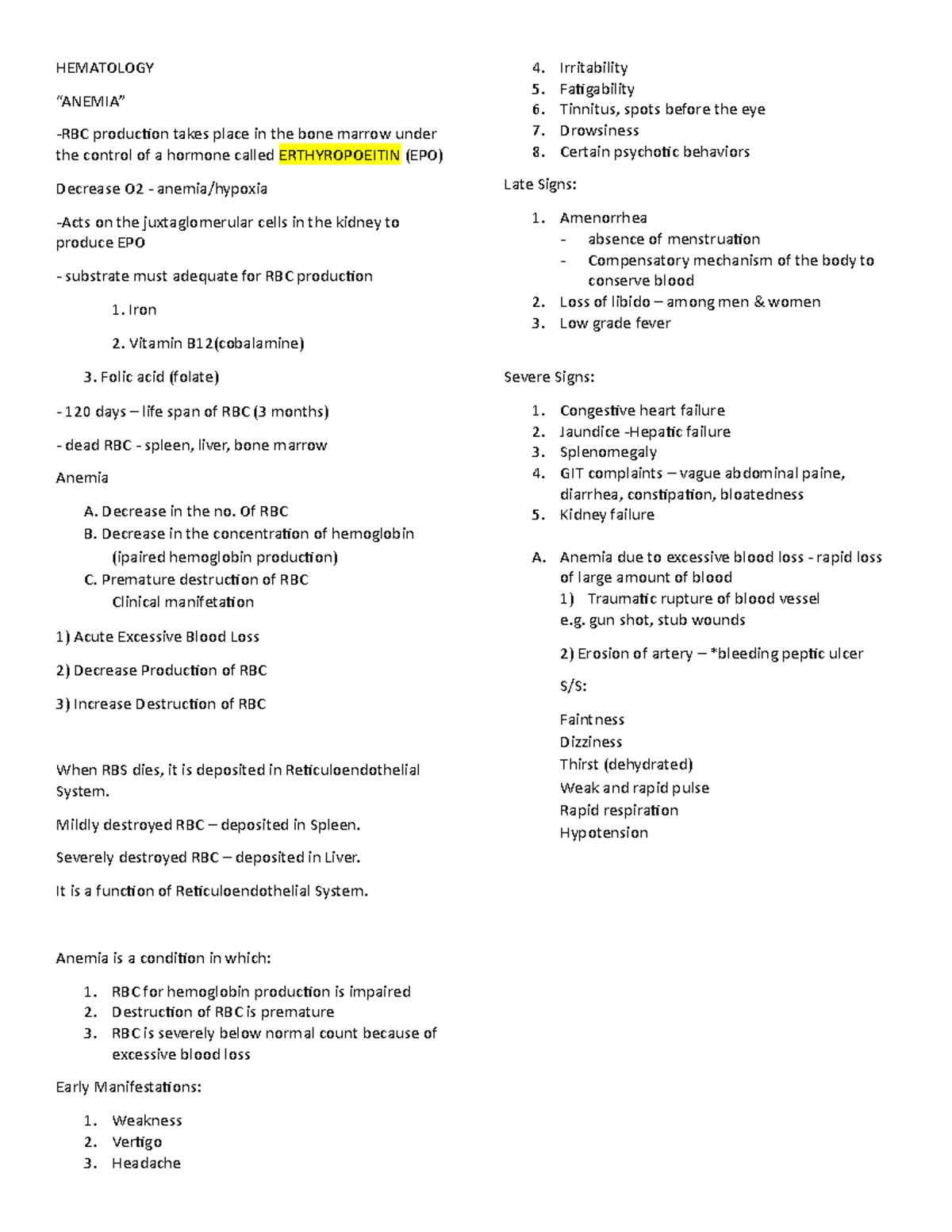 Prinmed 2-1 - prin med - HEMATOLOGY “ANEMIA” -RBC production takes ...