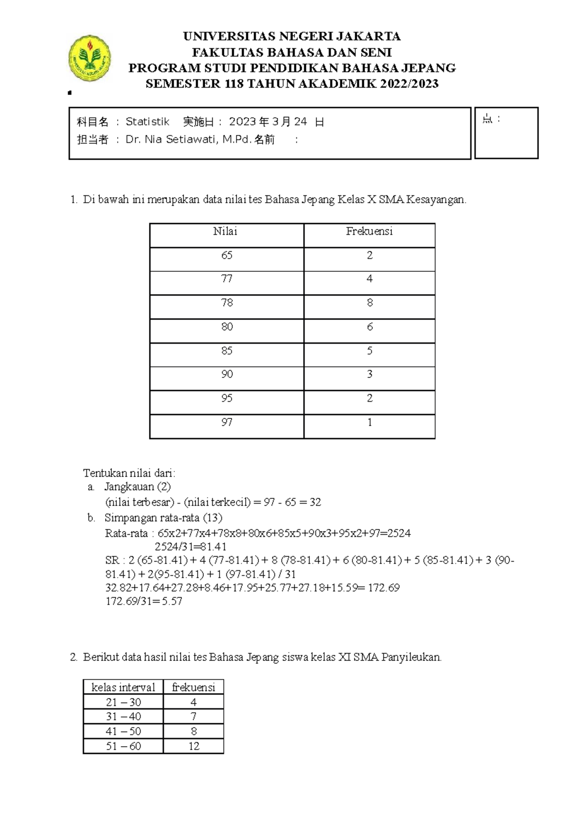 Statistika - UNIVERSITAS NEGERI JAKARTA FAKULTAS BAHASA DAN SENI ...