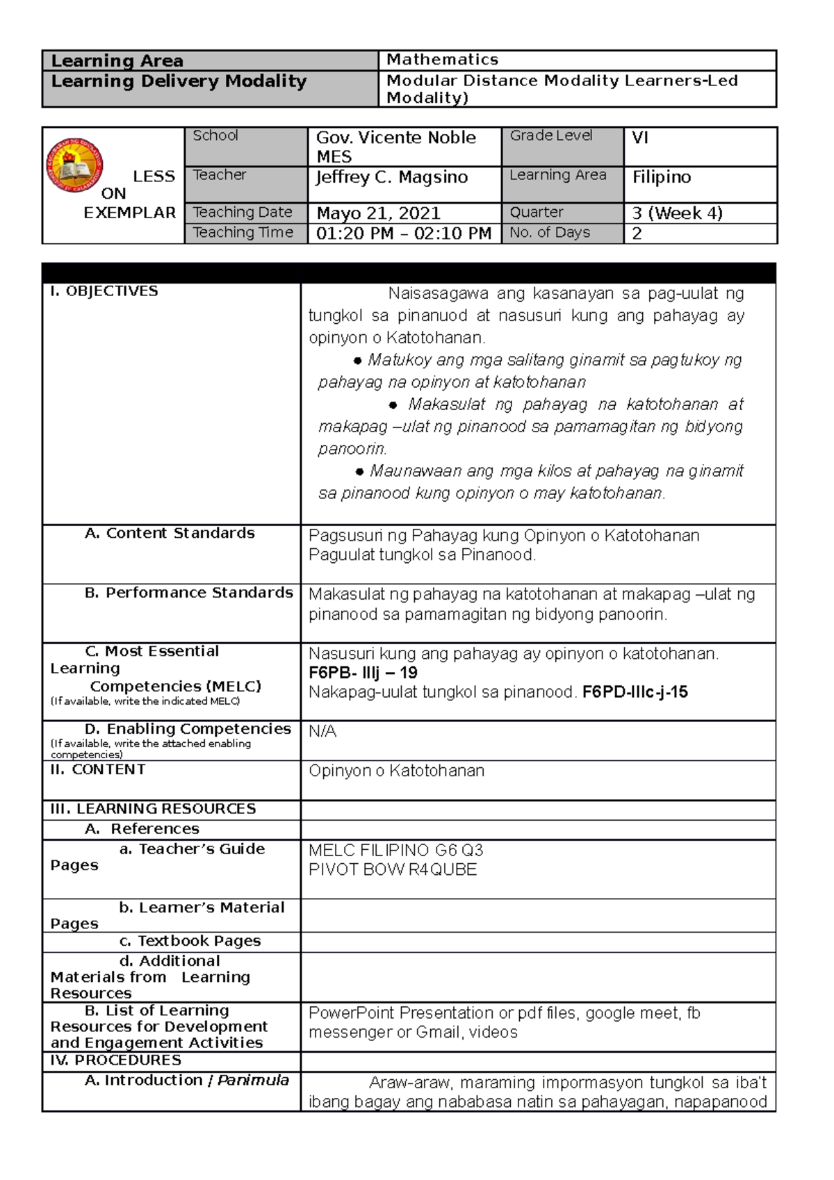 Filipino Exemplar - DEMO - Learning Area Mathematics Learning Delivery ...