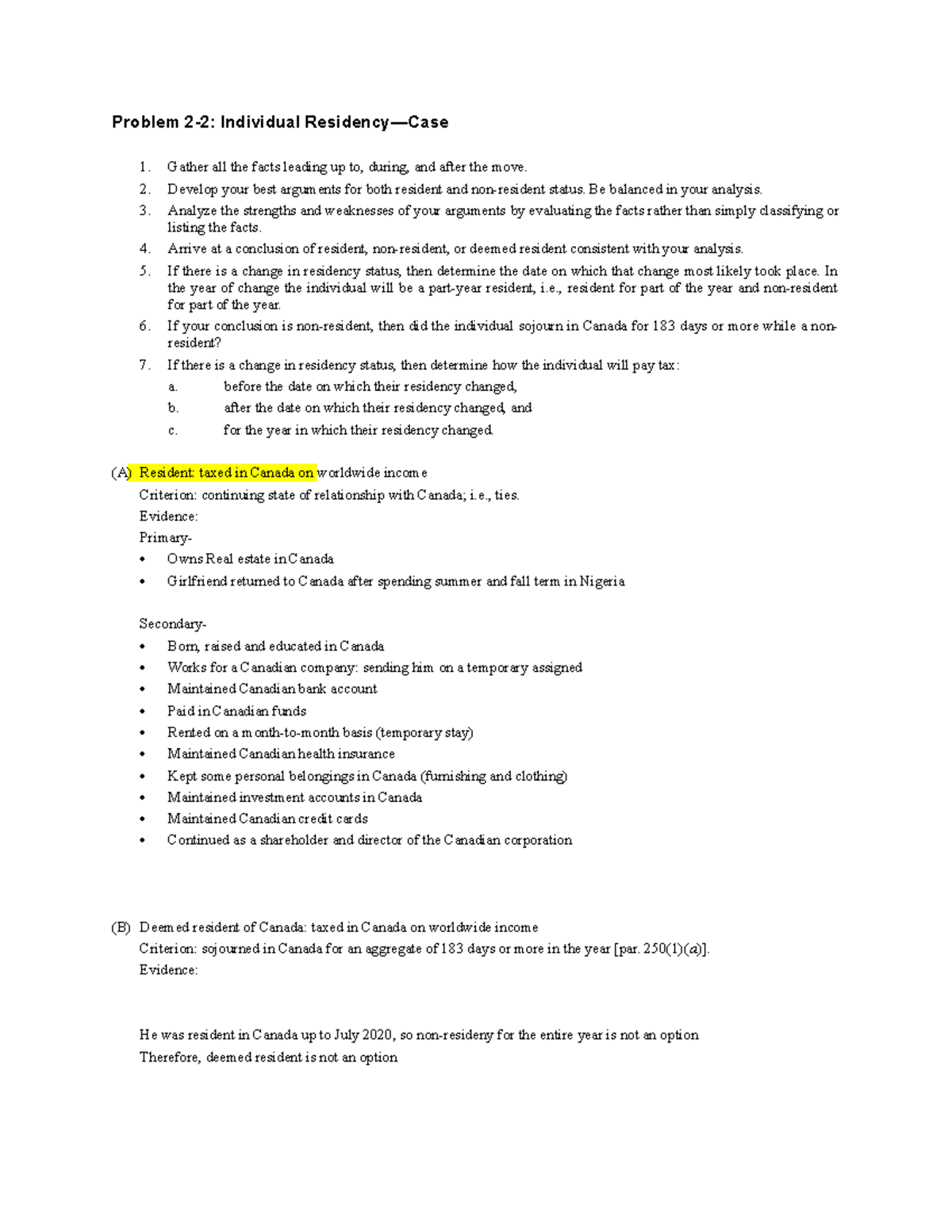 Problem 2-2 template w22 - Problem 2-2: Individual Residency—Case ...