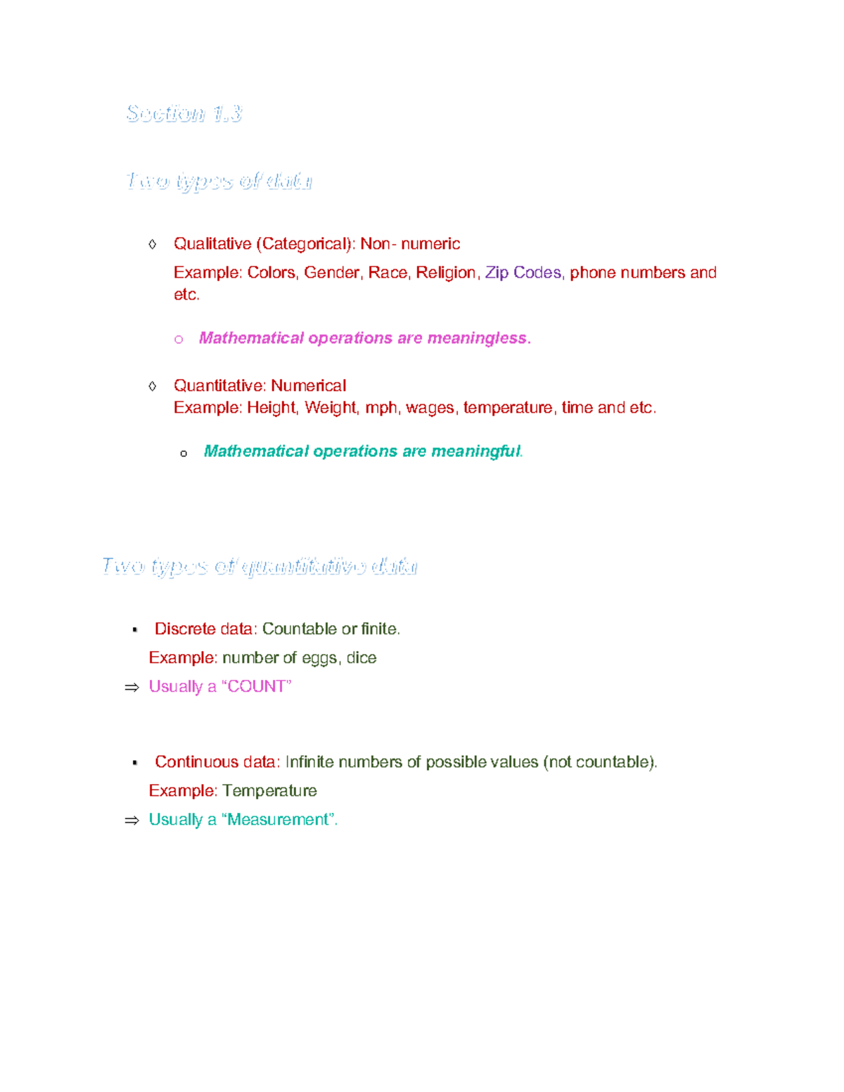 MATH 110 Section 1.3 notes - à Qualitative (Categorical): Non- numeric ...