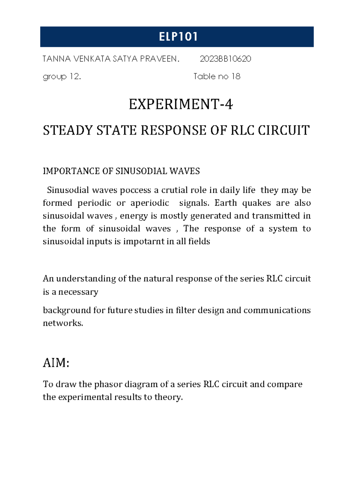 Experiment 4 ELP - Lab4 - TANNA VENKATA SATYA PRAVEEN. 2023BB group 12 ...