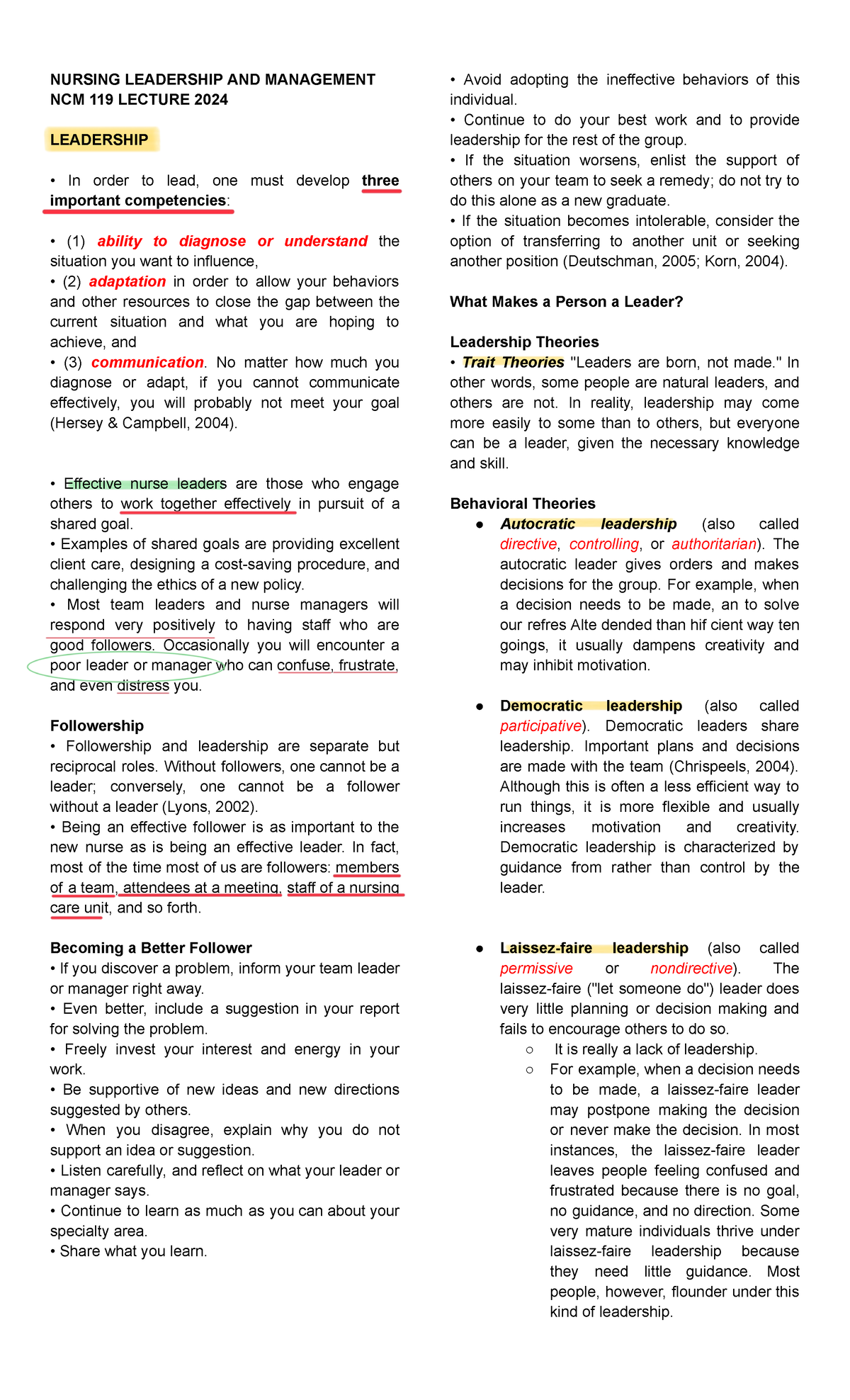 NCM 119 - Nursing - NURSING LEADERSHIP AND MANAGEMENT NCM 119 LECTURE ...