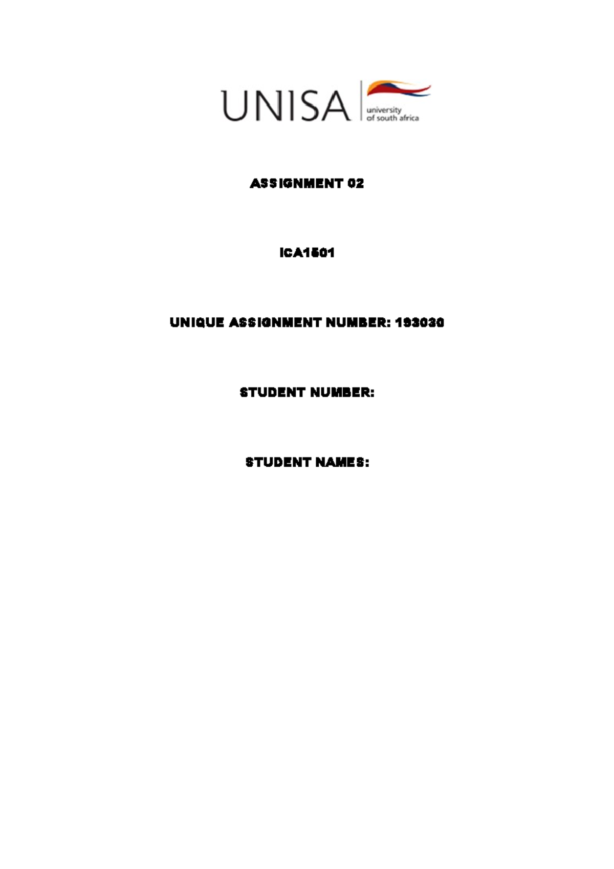 ICA1501 Assignment 2 - I am a second year student - ASSIGNMENT 02 ICA 1501 UNIQUE ASSIGNMENT ...