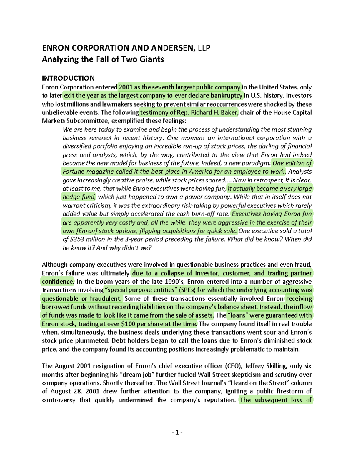 CASE 1 Enron Corporation AND Andersen, LLP - ENRON CORPORATION AND ...
