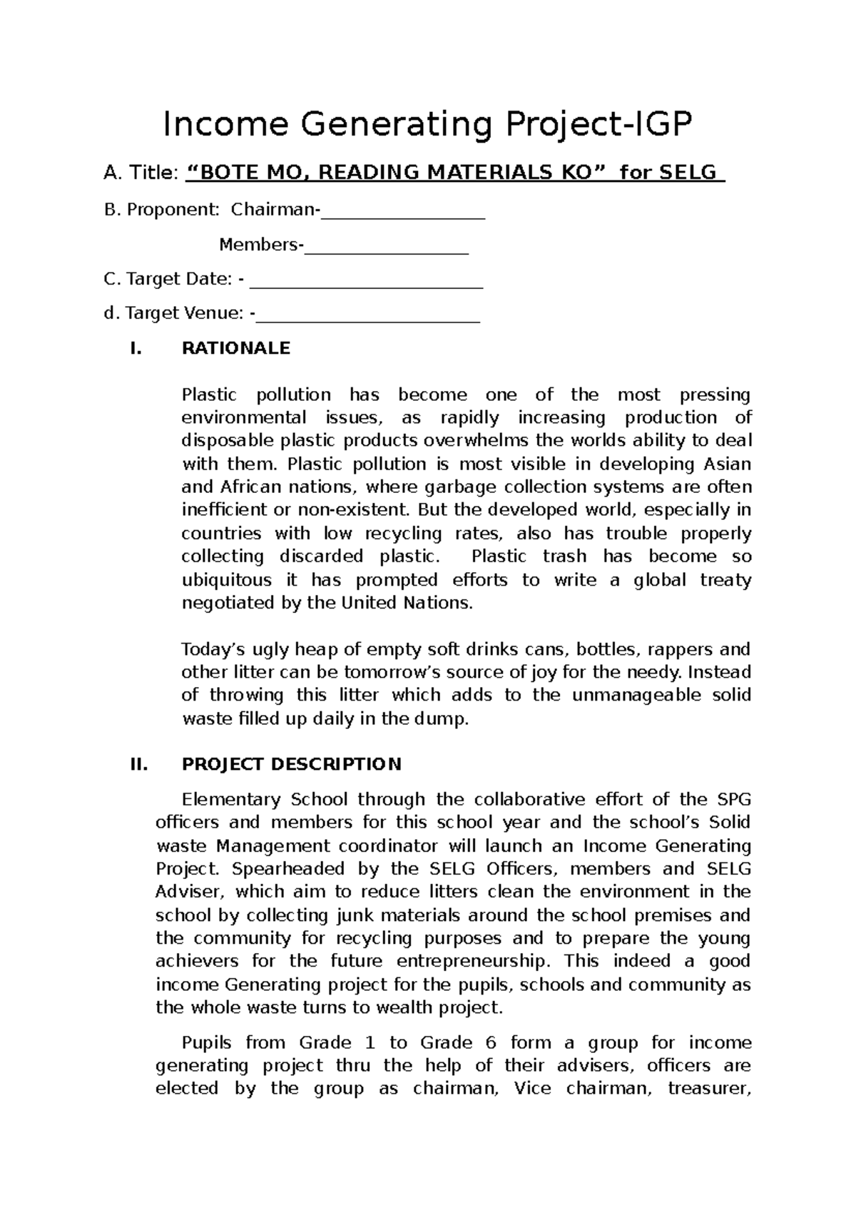 IGP FOR MAED - sample income generating project - Income Generating ...