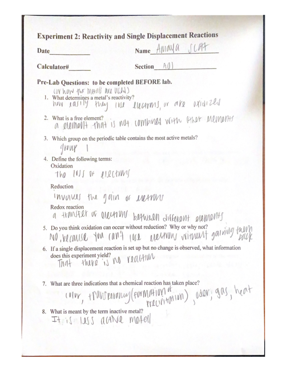 Experiment 2 Reactivity and Single Displacement Reactions - Experiment ...