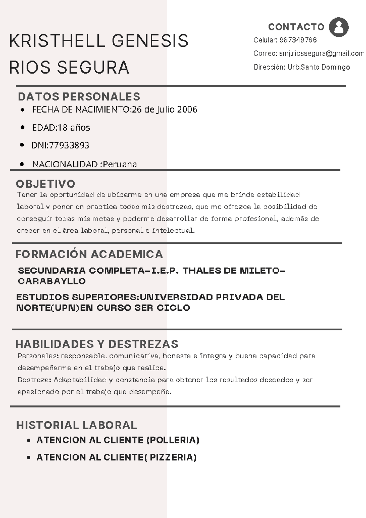 Curriculum Vitae- geagsggegesgggsegseg - DATOS PERSONALES KRISTHELL ...