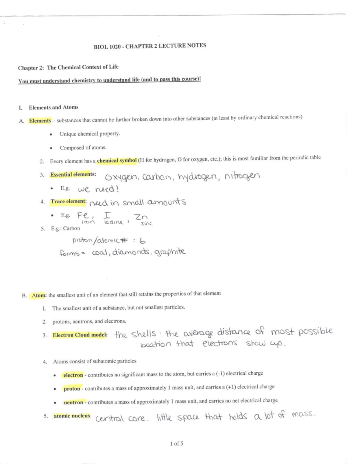 Chapter 2 Notes - biol 1020 - BIOL 1020 - Studocu