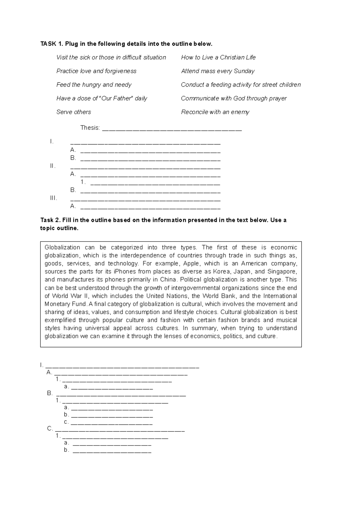 Tasks in Outlining - This can be used as practical task - TASK 1. Plug ...