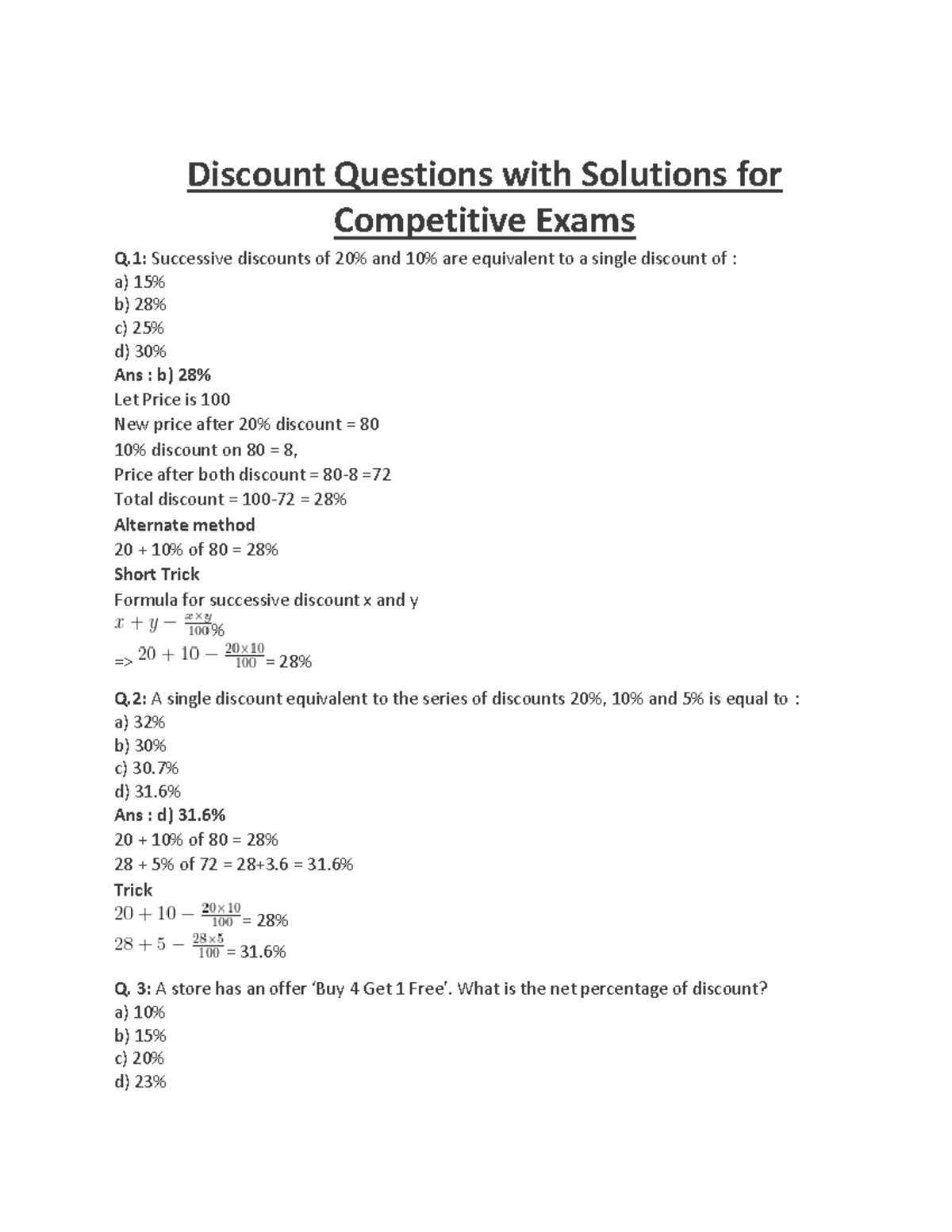 Discount Questions With Solutions For Competitive Exams Discount