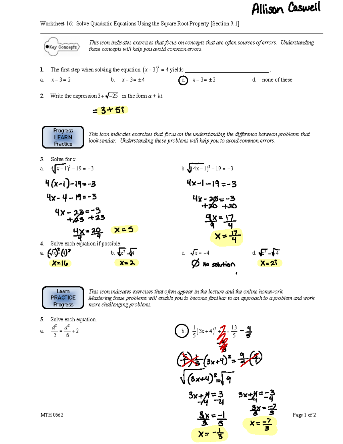 Worksheet 16-Intro to Complex Numbers and The Square Root Property 9 ...