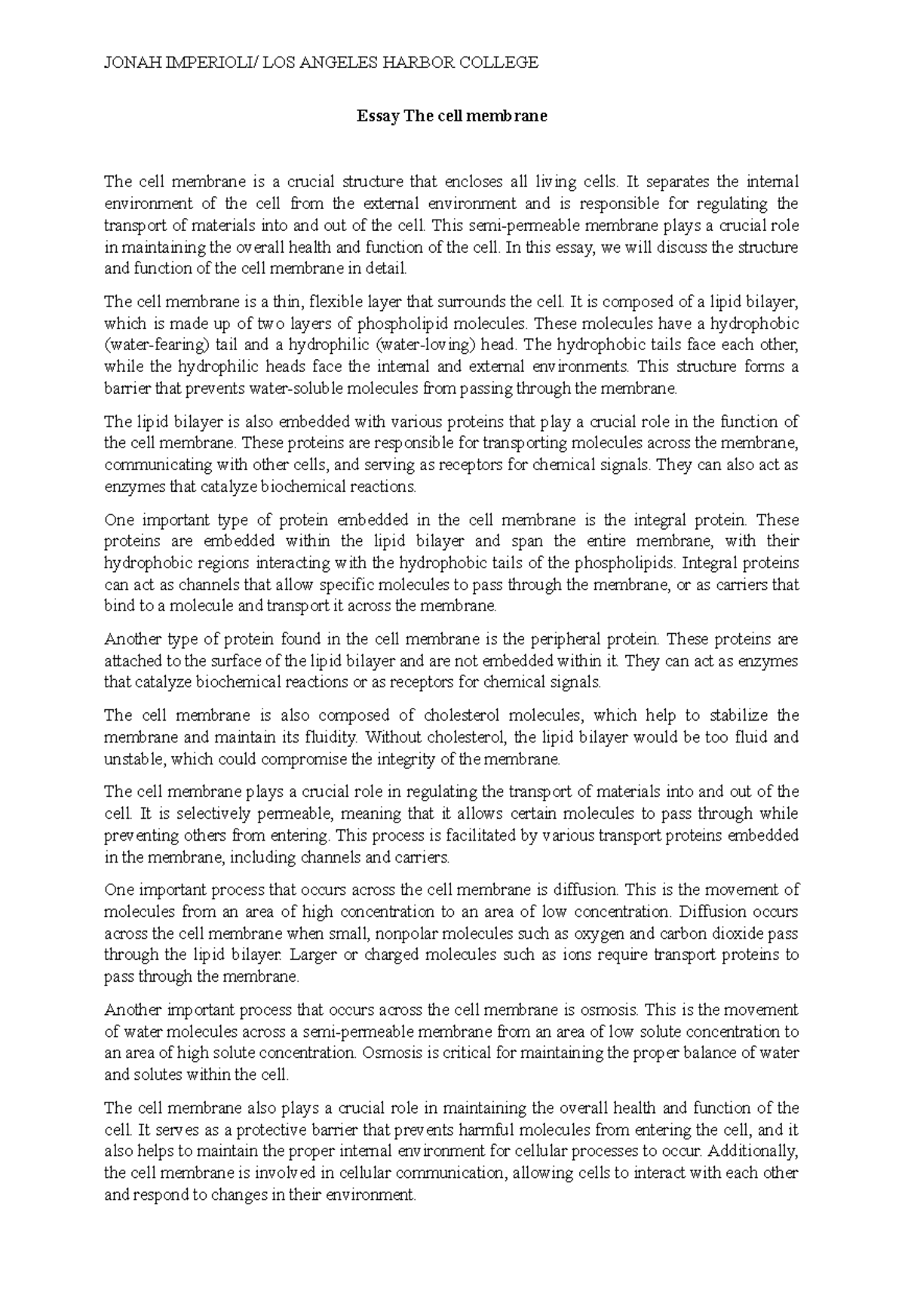 Essay The cell membrane - JONAH IMPERIOLI/ LOS ANGELES HARBOR COLLEGE ...