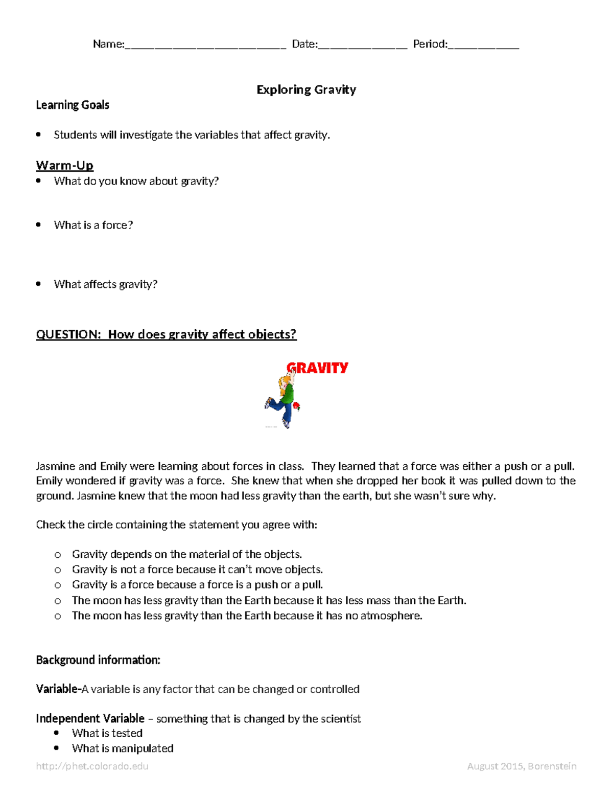 Exploring Gravity Online Simulation Activity Questions Cappo ...