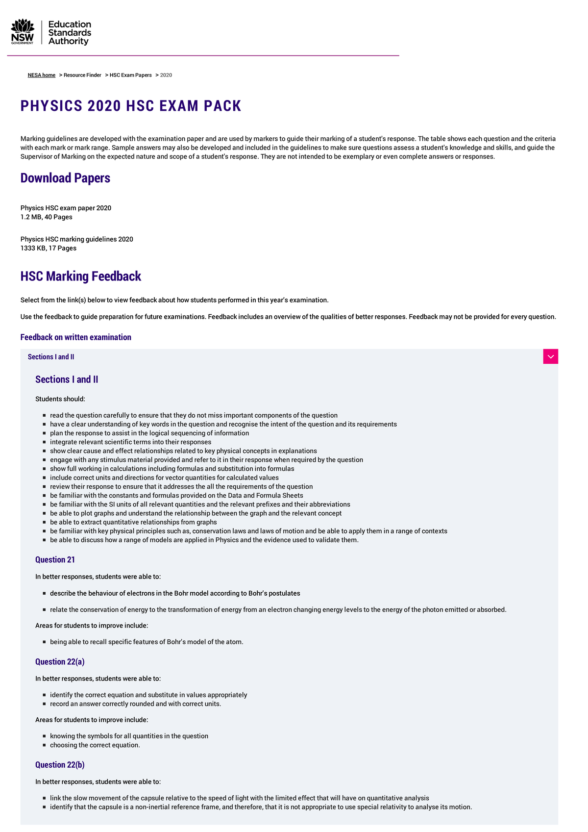 Physics 2020 HSC exam pack NSW Education Standards - NESA home ...