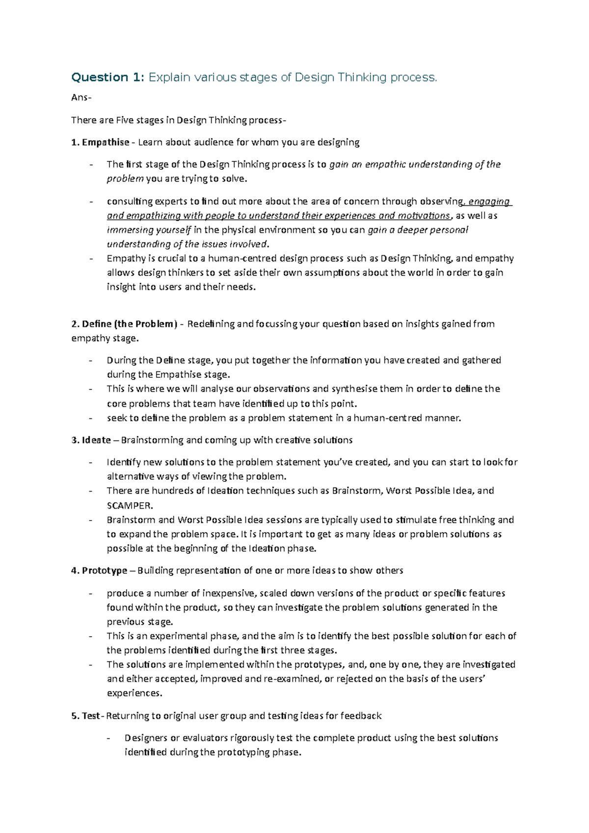 design thinking and innovation - Question 1: Explain various stages of ...