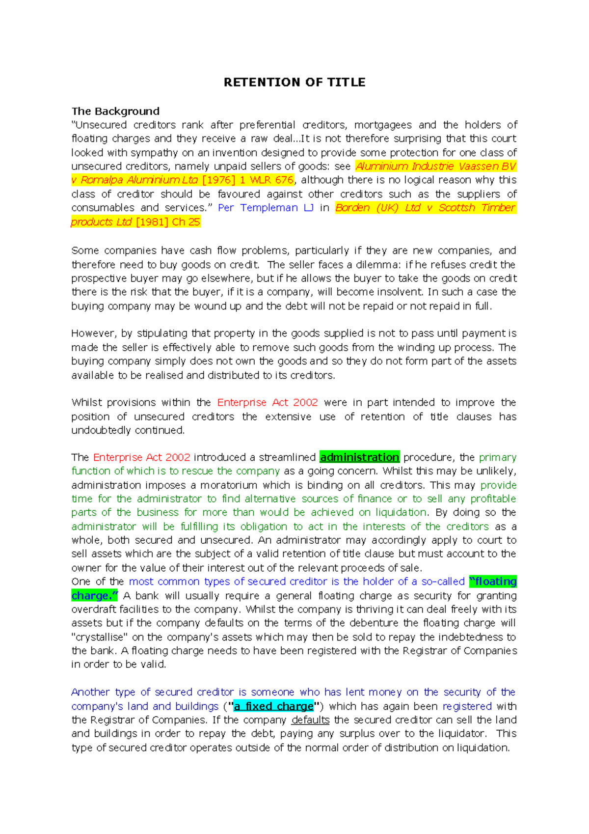 Retention of Title - Lecture Notes - RETENTION OF TITLE The Background ...