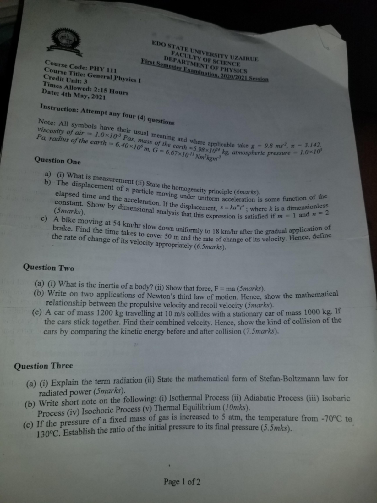 Phy 111 1st semester pq 1 - Introduction to physics - Studocu