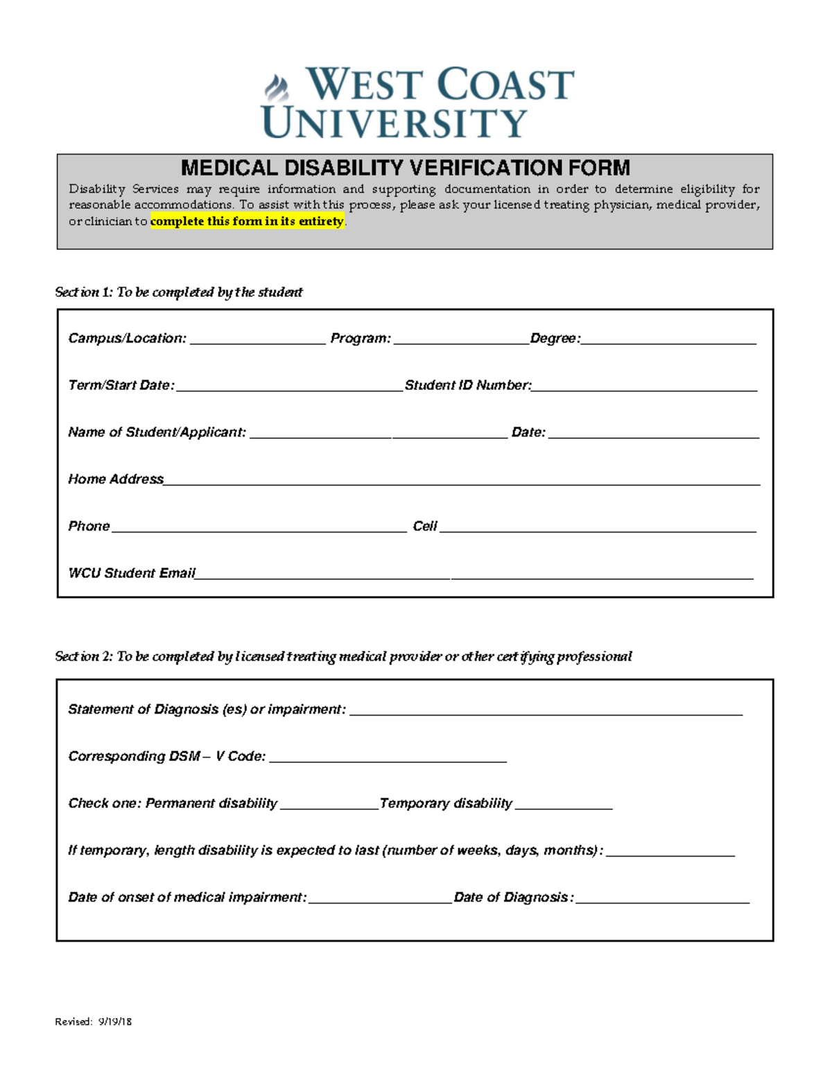 Disability Verification Form-2 - Revised: 9/19/ Section 1: To be ...