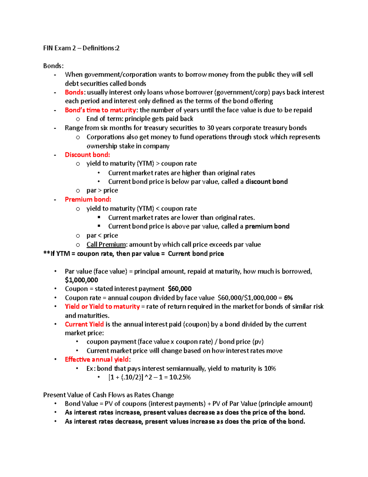 FIN 2 Definitions - Professor: Peter Trager - FIN Exam 2 – Definitions ...