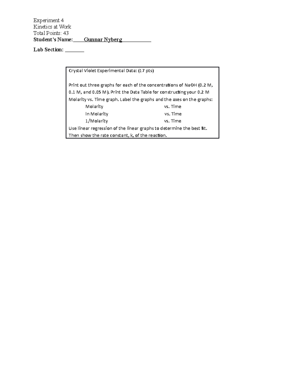 CHEM 110L - Experiment 4 Kinetics at Work - Kinetics at Work Total ...