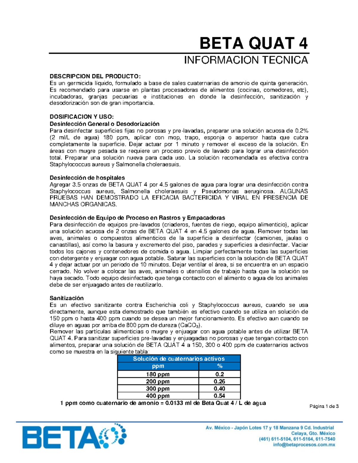 Beta quat 4 - sds - BETA QUAT 4 INFORMACION TECNICA DESCRIPCION DEL ...