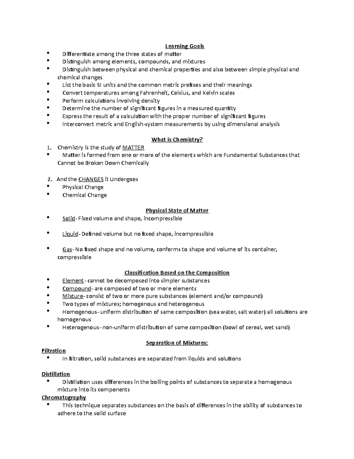 Chemistry; Matter and Measurements - Learning Goals Differentiate among ...