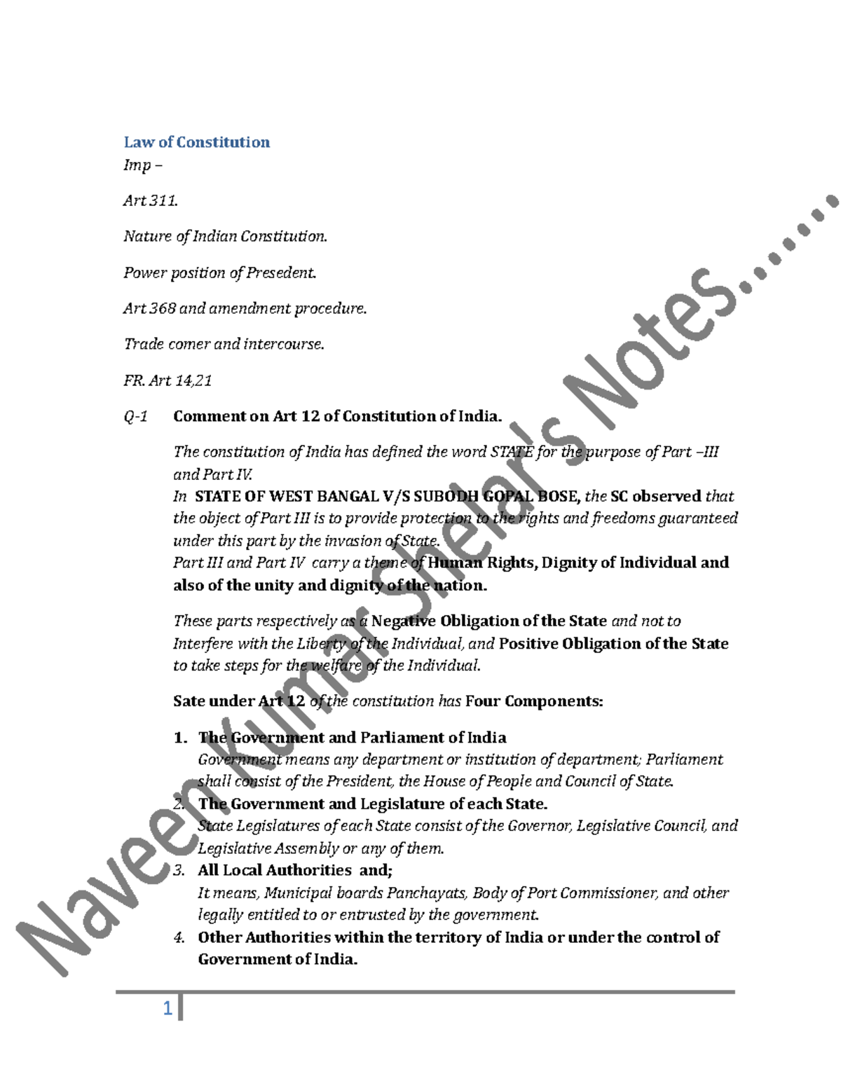 Exame note for Constitution of India-33162073 - Law of Constitution Imp ...