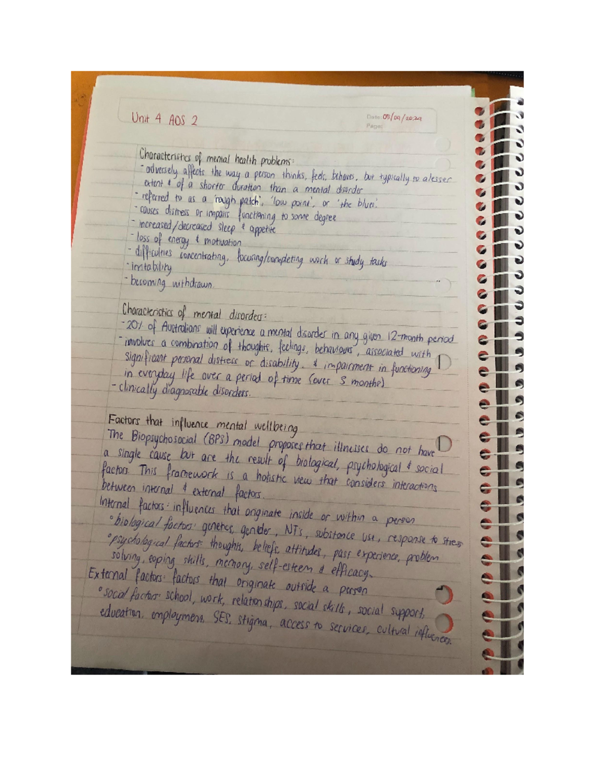 Mental wellbeing notes 2 - Date: Unit 4 AOS 2 Page: Characteristics of ...