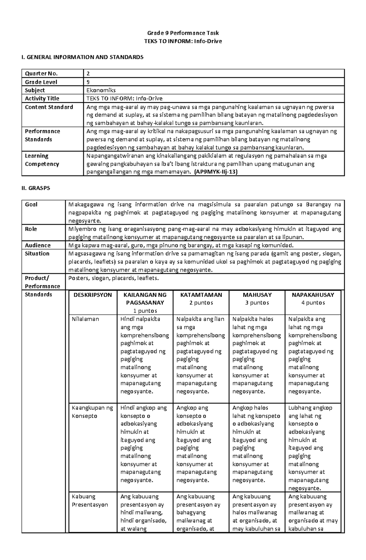 Grasps Ekonomiks - Grade 9 Performance Task TEKS TO INFORM: Info-Drive ...