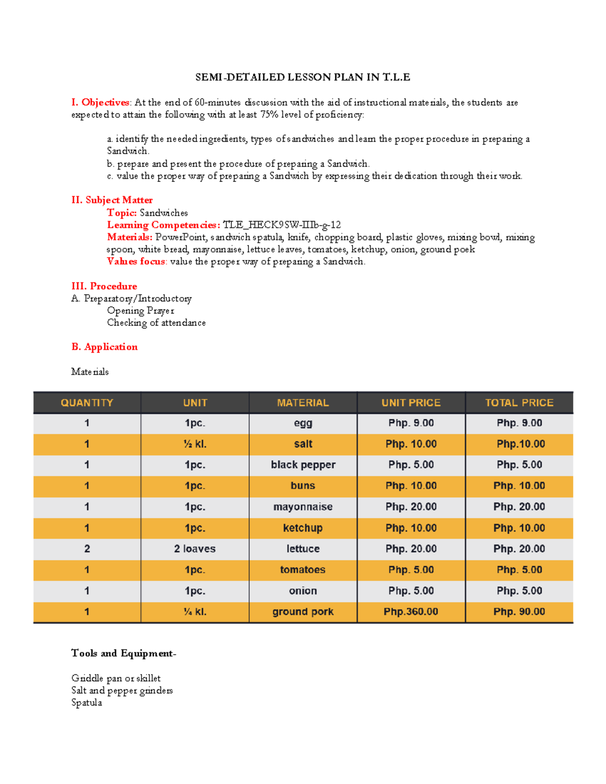 Tle lesson plan for hands on - SEMI-DETAILED LESSON PLAN IN T.L I ...