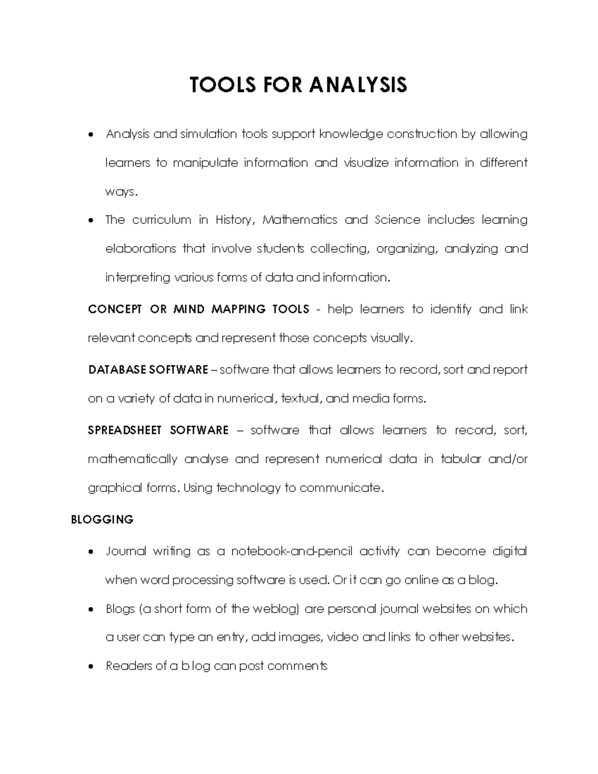 Tools FOR Learning- Technology - TOOLS FOR ANALYSIS Analysis and ...