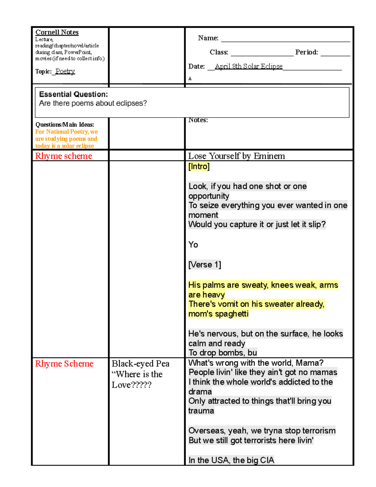Cornell Notes poetry Eminem - Cornell Notes Lecture, reading/chapter ...