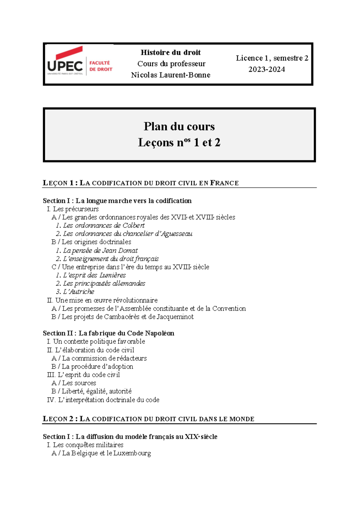 Plan des Leçons 1 et 2 - Plan leçon 1 et 2 - Histoire du droit Cours du ...