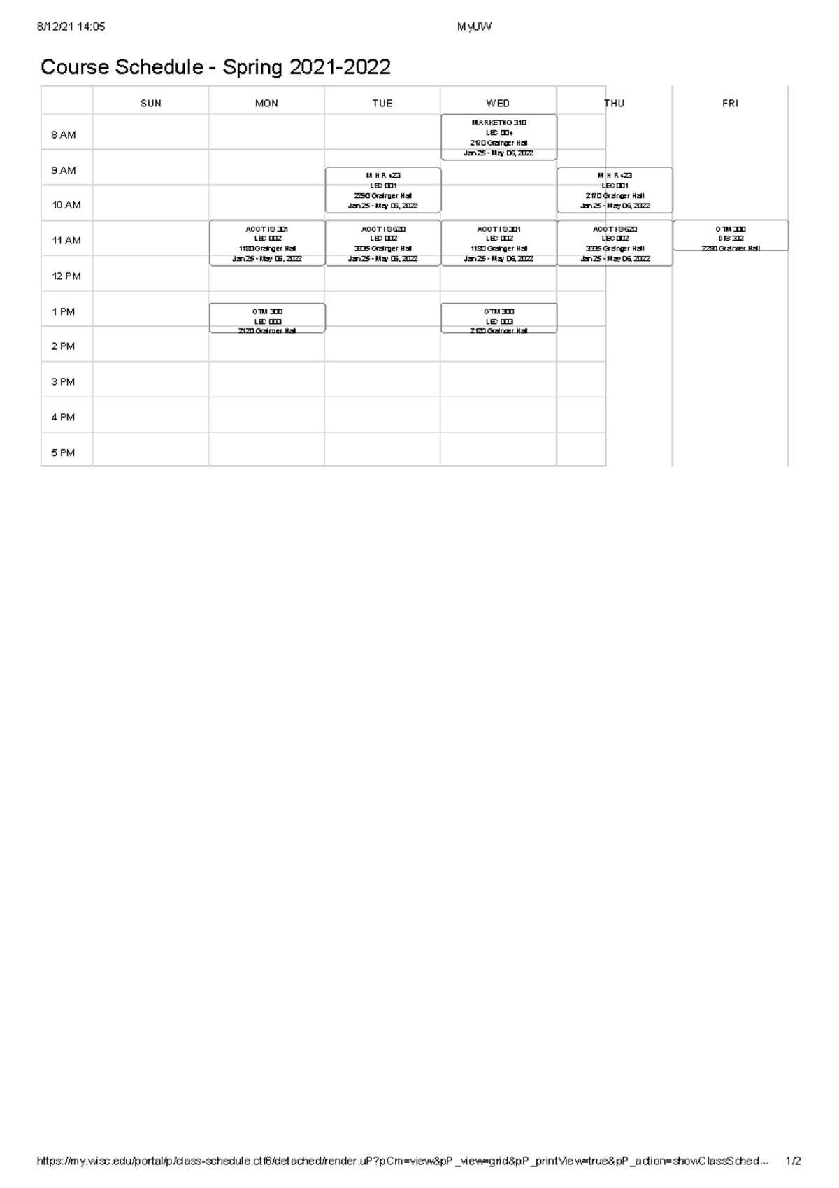 My UW spring schedule - horario - 8/12/21 14:05 MyUW - Studocu