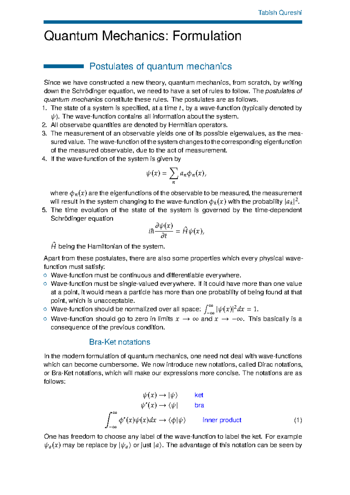Qm04 - Good notes - Quantum Mechanics: Formulation Postulates of ...