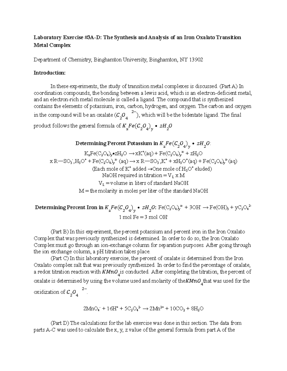 laboratory Exercise #3A-D CHEM 108 - Laboratory Exercise #3A-D: The ...