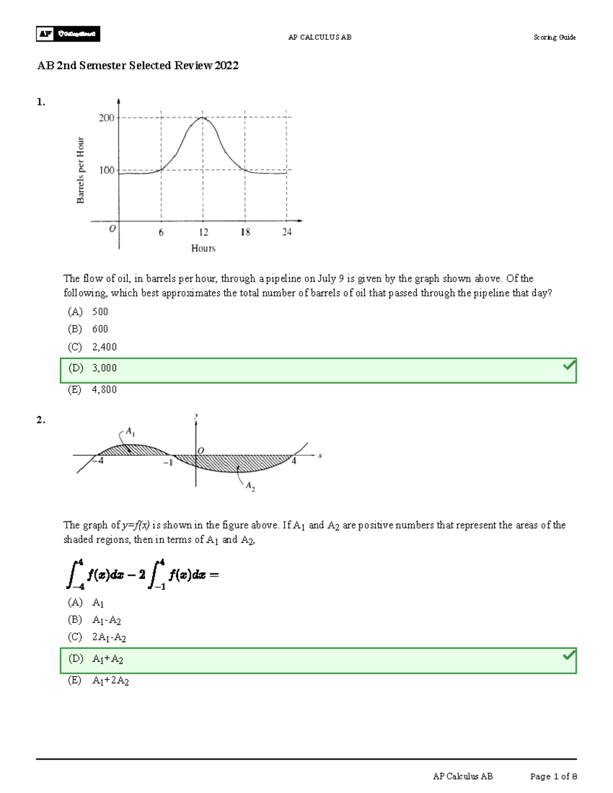 Calculus AB 2nd Semester Review 2022 Key - 1. The flow of oil, in ...