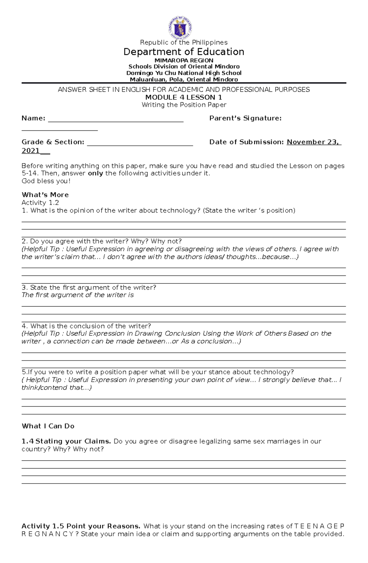 EAPP Module 4 Writing the Position Paper - Republic of the Philippines ...