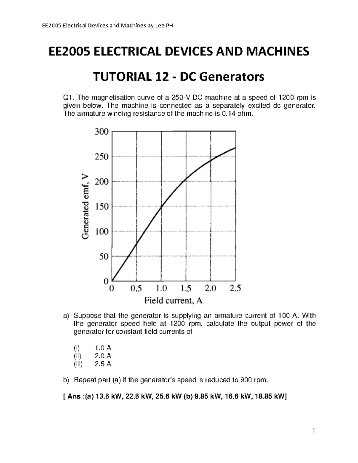 Tut 12. DC Generators - T12 - EE2005 Electrical Devices and Machines by ...