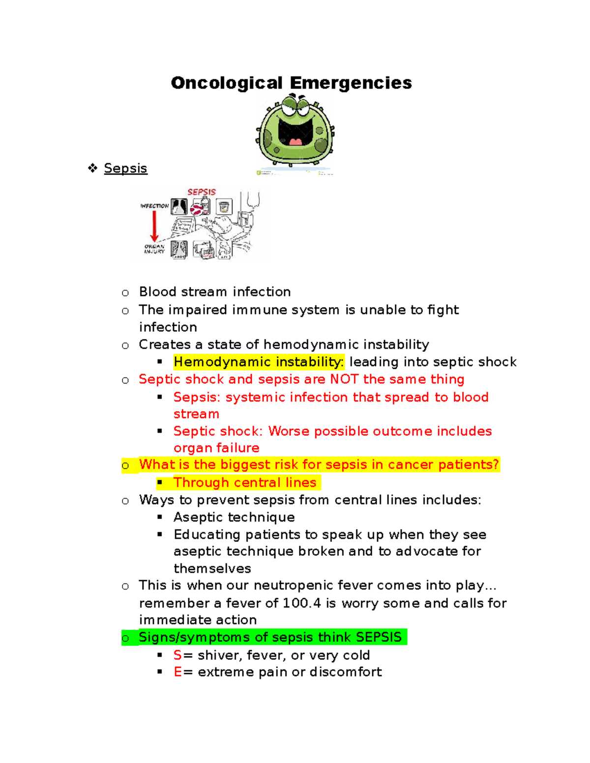 Oncological Emergencies - .. remember a fever of 100 is worry some and ...