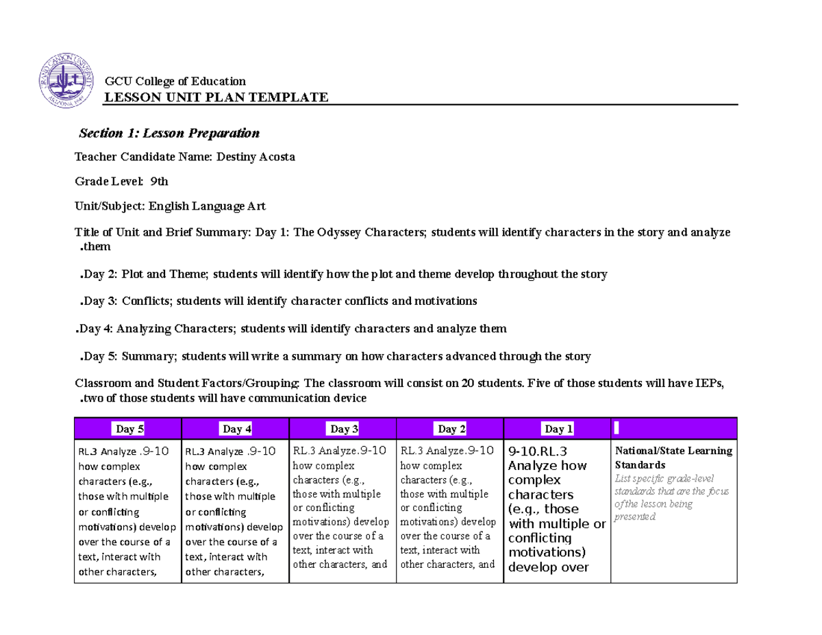 5 Day Unit Lesson Plan Destiny Acosta SEC-355 - Section 1: Lesson ...