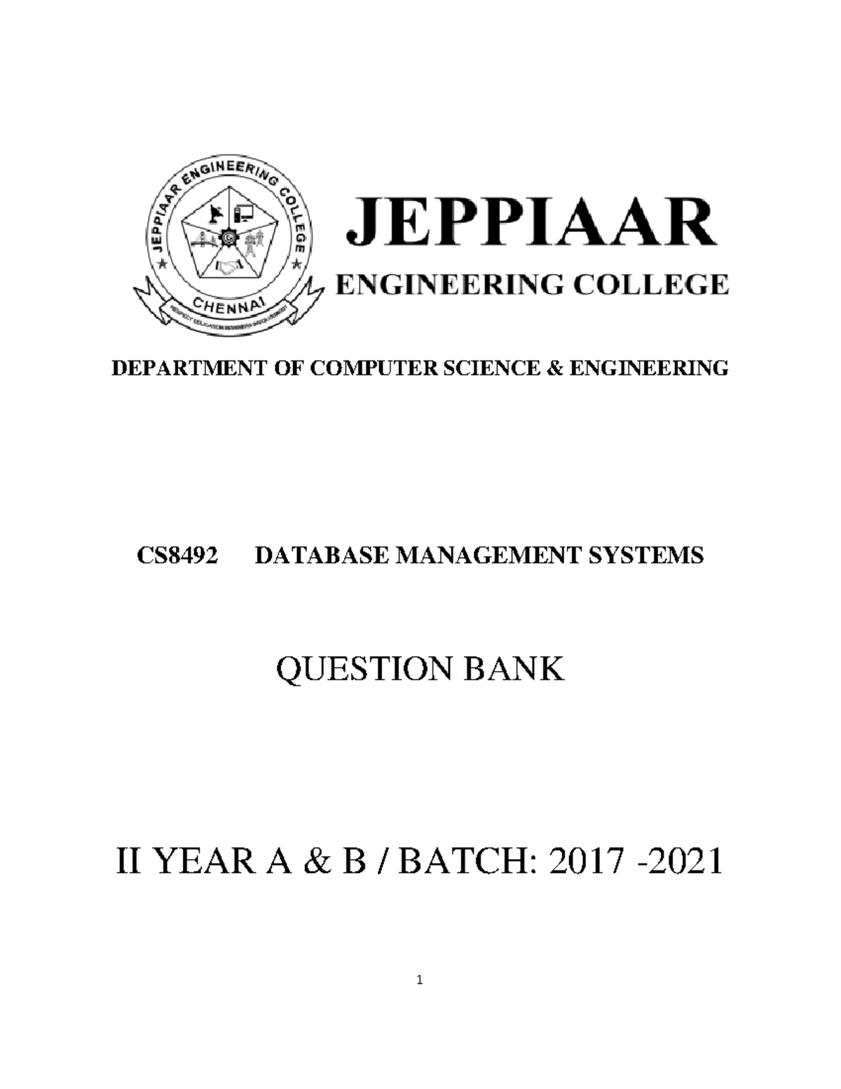 II-YEAR-IV-SEM-CS8492- Database- Management- System - DEPARTMENT OF COMPUTER SCIENCE & - Studocu
