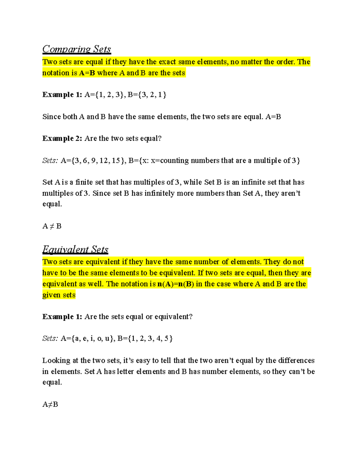 Survey of Mathematics Notes Section 2.2 - Comparing Sets Two sets are ...