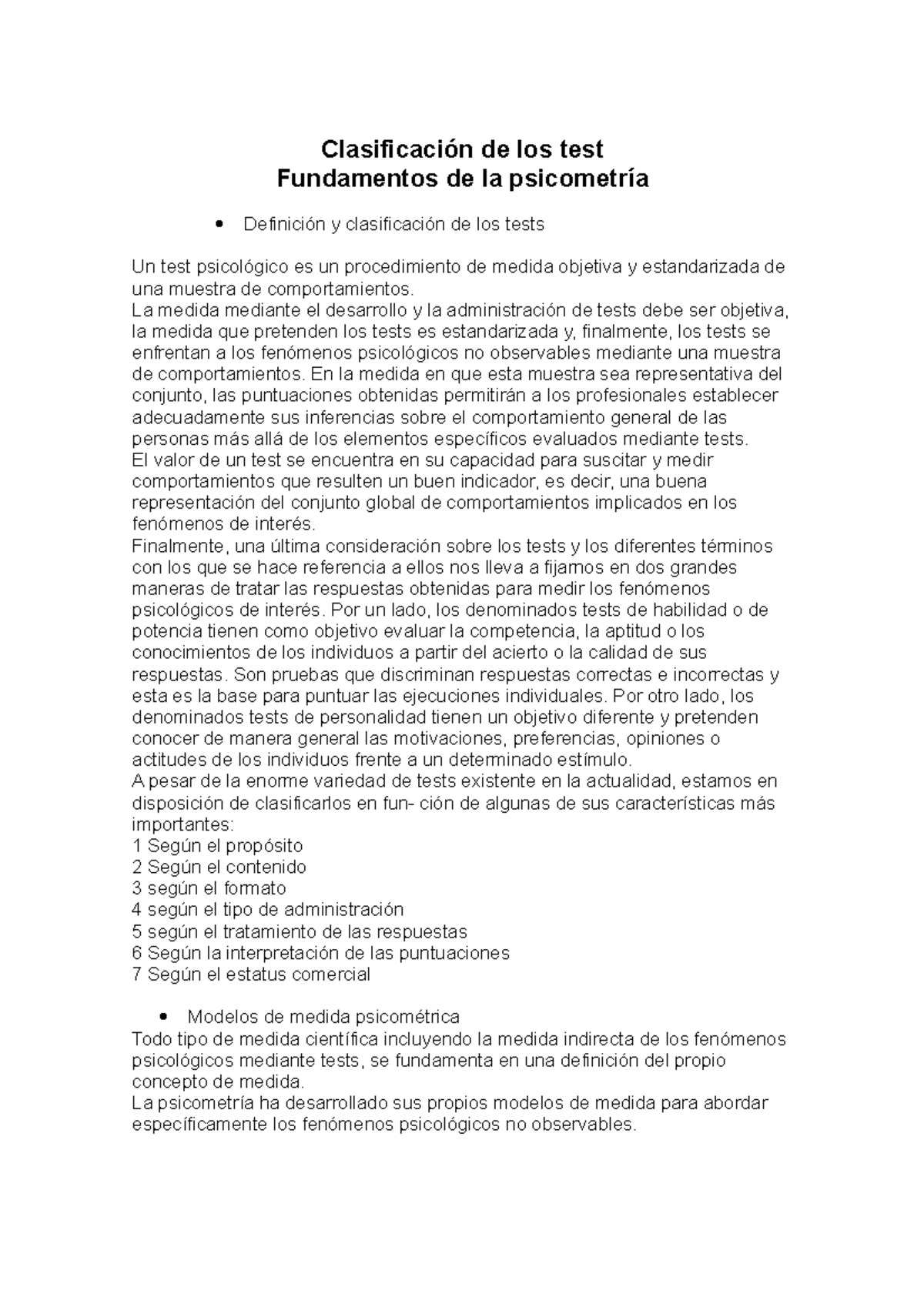 Clasificación de los test - Clasificación de los test Fundamentos de la ...