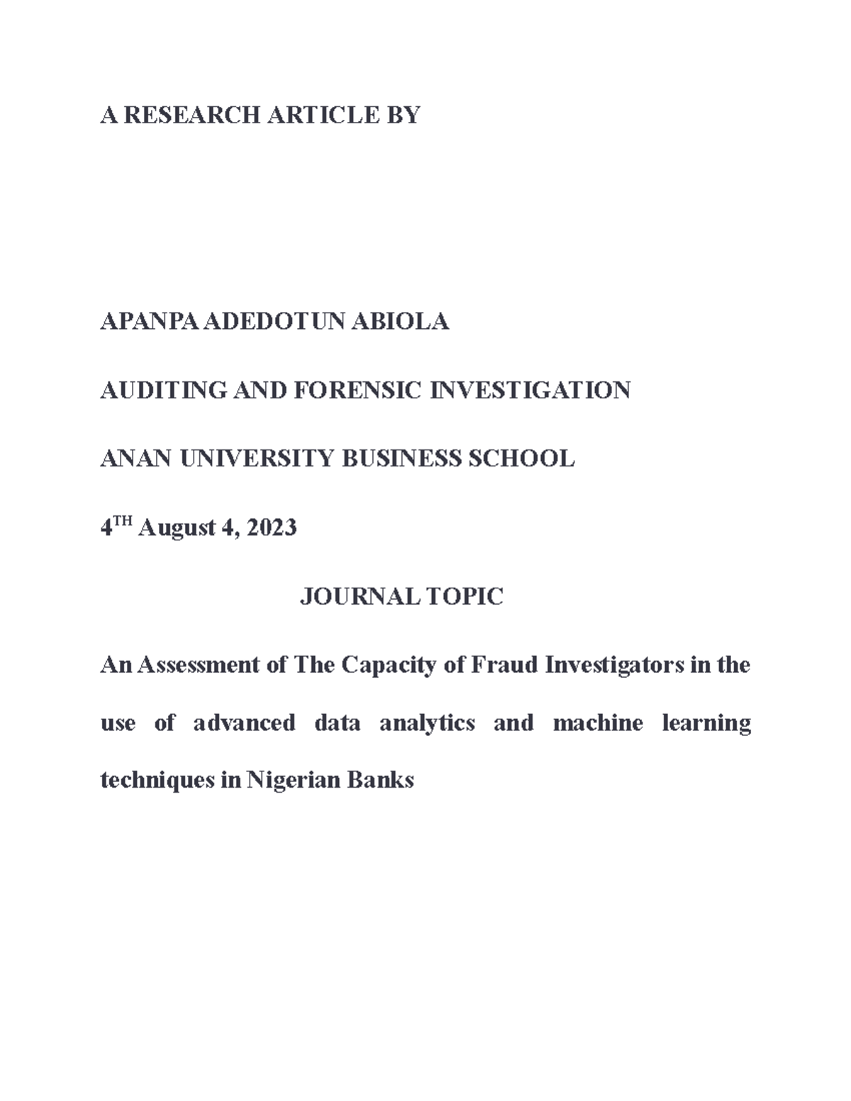 Dotuns Journal WORK - A RESEARCH ARTICLE BY APANPA ADEDOTUN ABIOLA ...