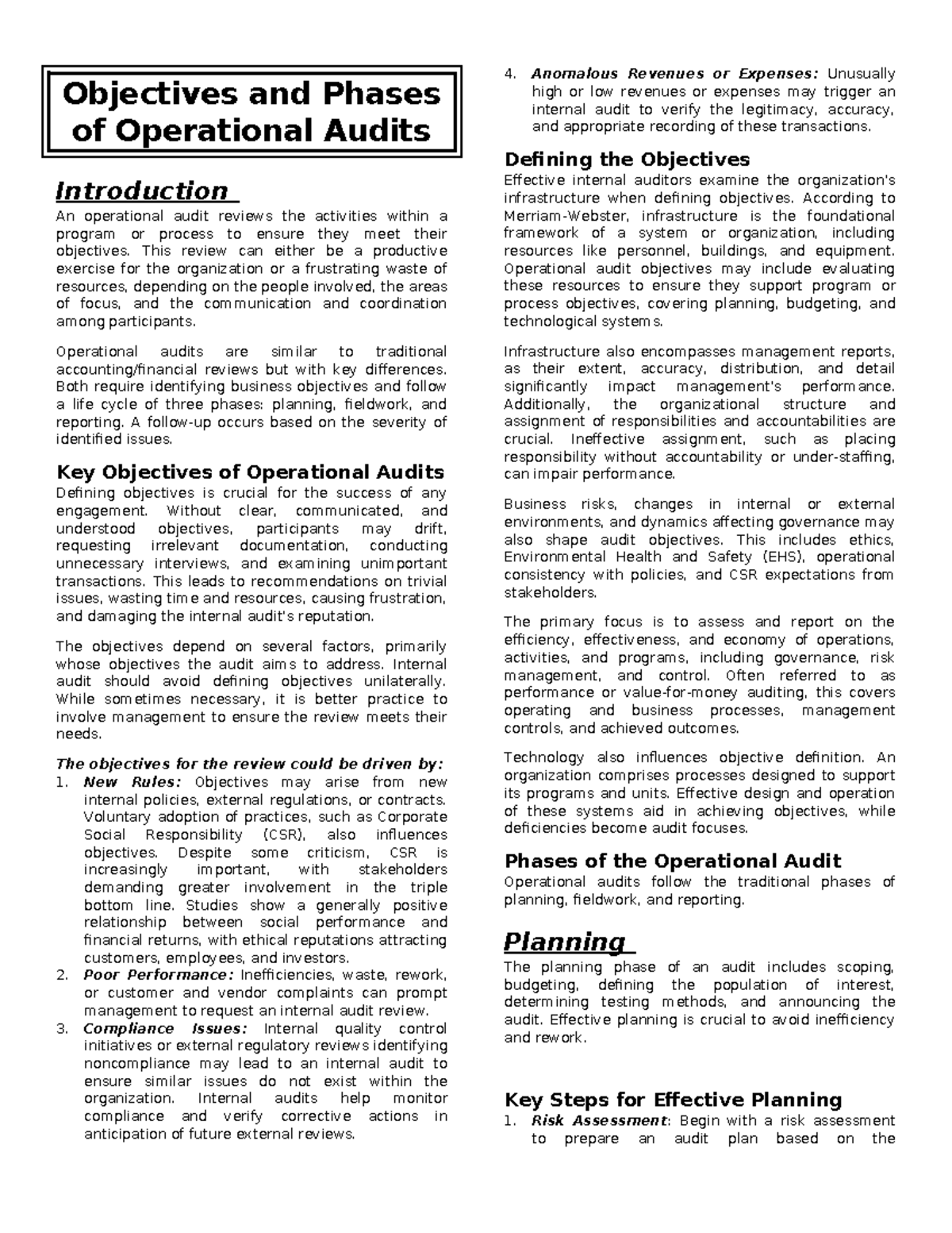 Module 3 - Audit Notes - Objectives and Phases of Operational Audits ...